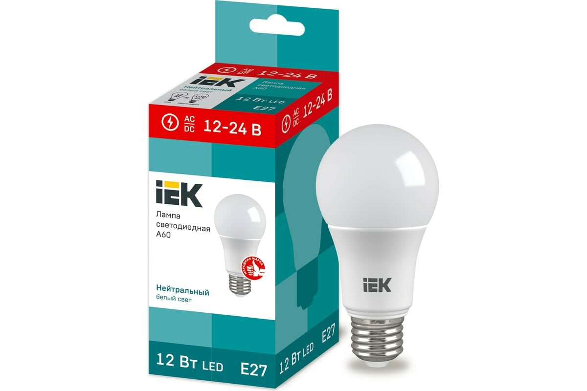 IEK LED A60 Лампа 12Вт Шар 12-24В E27 4000К Энергосберегающая LLE-A60-12-12-24-40-E27