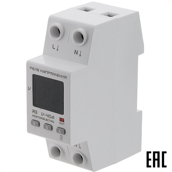 Реле напряжения RE V-40A 1ф 220В Umin120-200В/Umax210-270В 40А 1з (Росток-Электро)