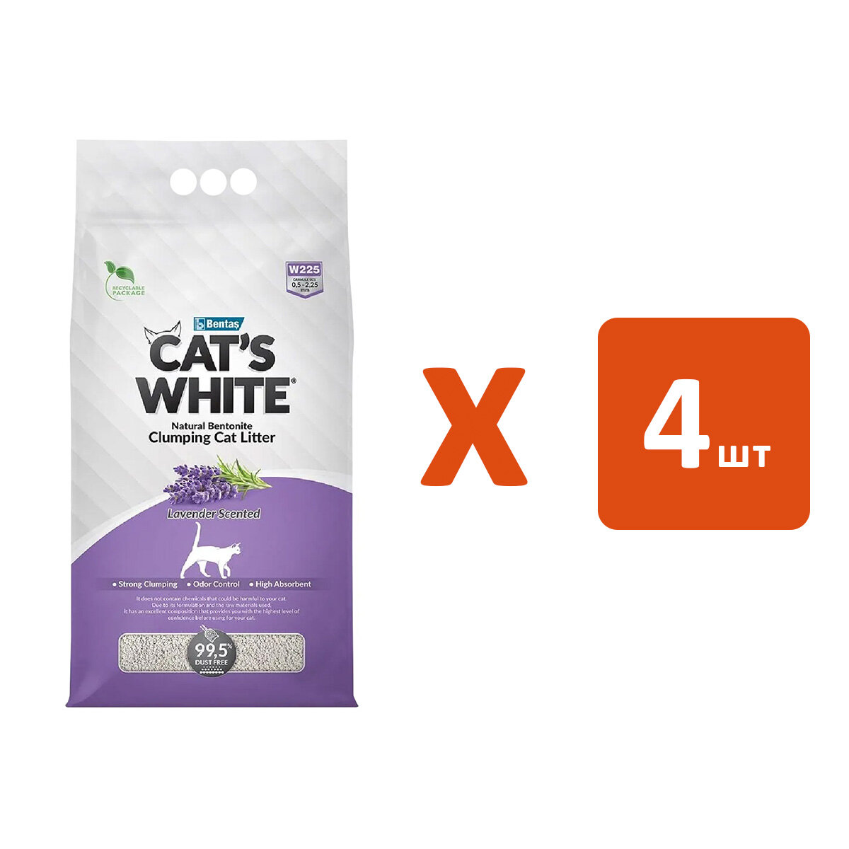 CAT'S WHITE LAVENDER наполнитель комкующийся для туалета кошек с ароматом лаванды (5 л х 4 шт)