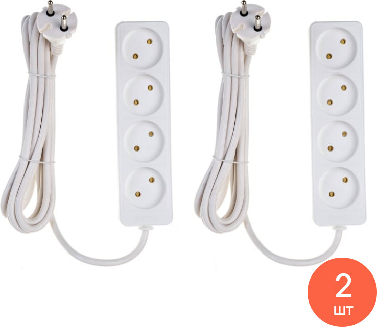 Удлинитель бытовой СОЮЗ без заземления ПВС 2х1, 3 метра 4 розетки, белый 481S-1403 (комплект из 2 шт)