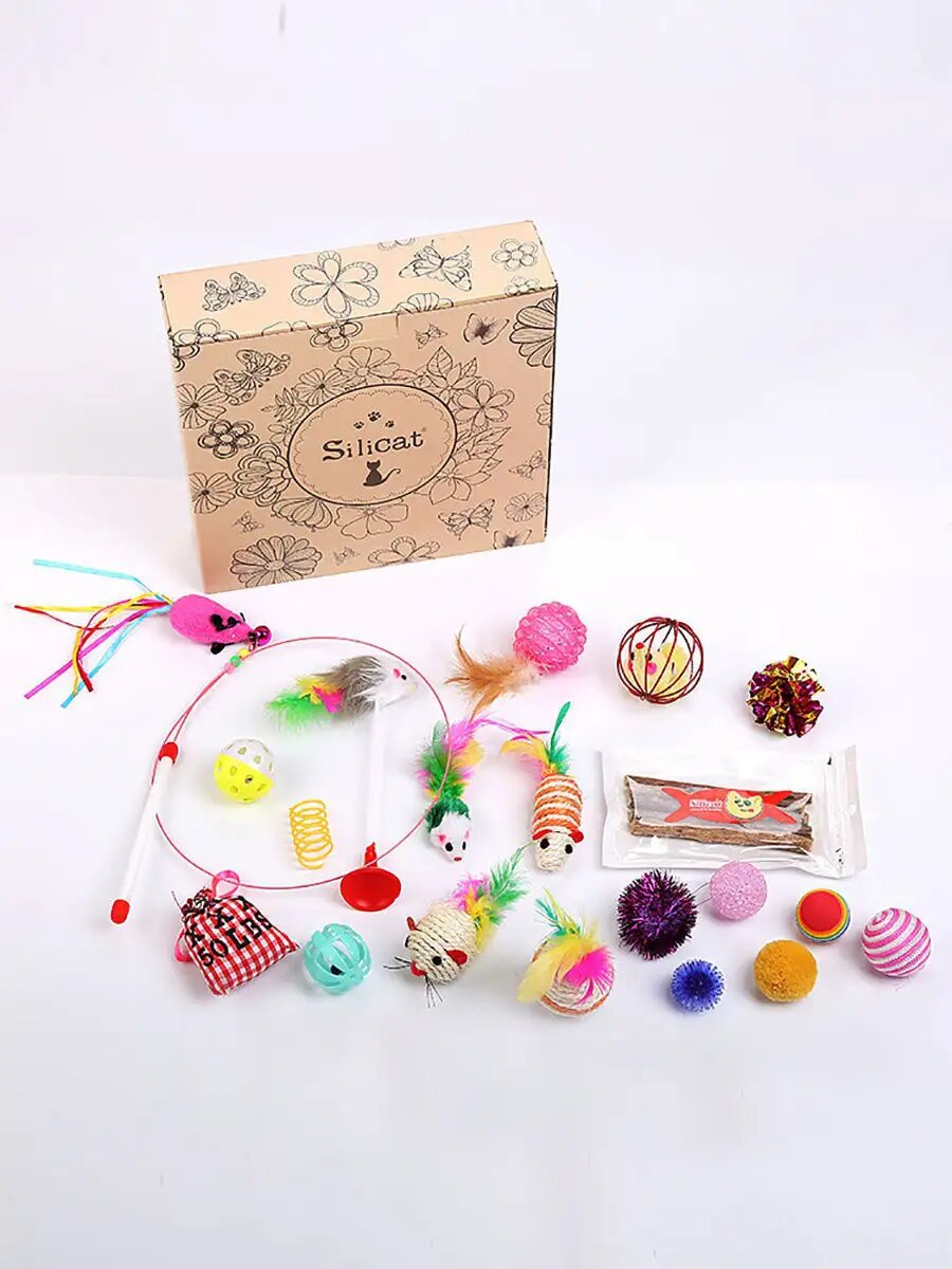 Набор интерактивные игрушки для кошки 20 шт в коробке (мыши, шуршащие шары, удочка с мышью), Pets & Friends PF-CTS-03