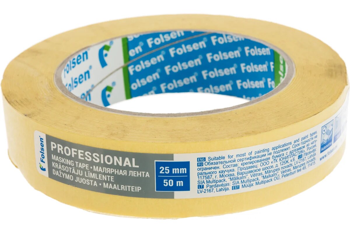 Folsen малярная лента желтая 25 мм x 50 м 80oC, термостойкая лента для отделки 02225