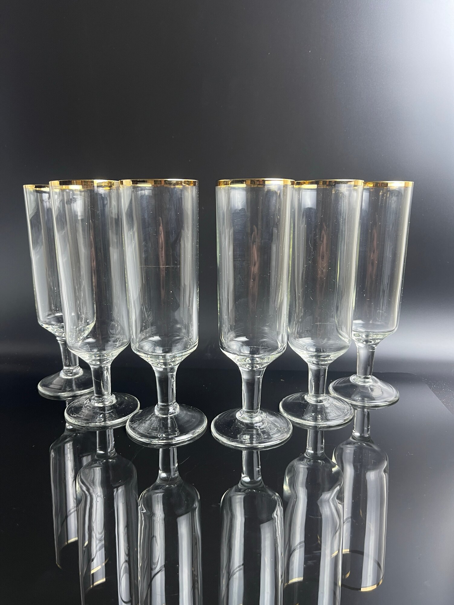 Набор из 6 бокалов, фужеров для шампанского с позолотой 16.5 см, стекло, новый, не использованный набор в коробке СССР 1960-1990 гг