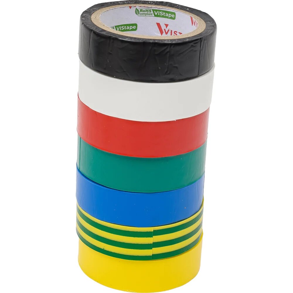 Изоляционная лента VISTO VIStape R15 5 м, 15 мм х 0,15 мм, 7 цветов (чёрная, белая, красная, зелёная, жёлтая, жёлто-зелёная, голубая) 4619-083-11
