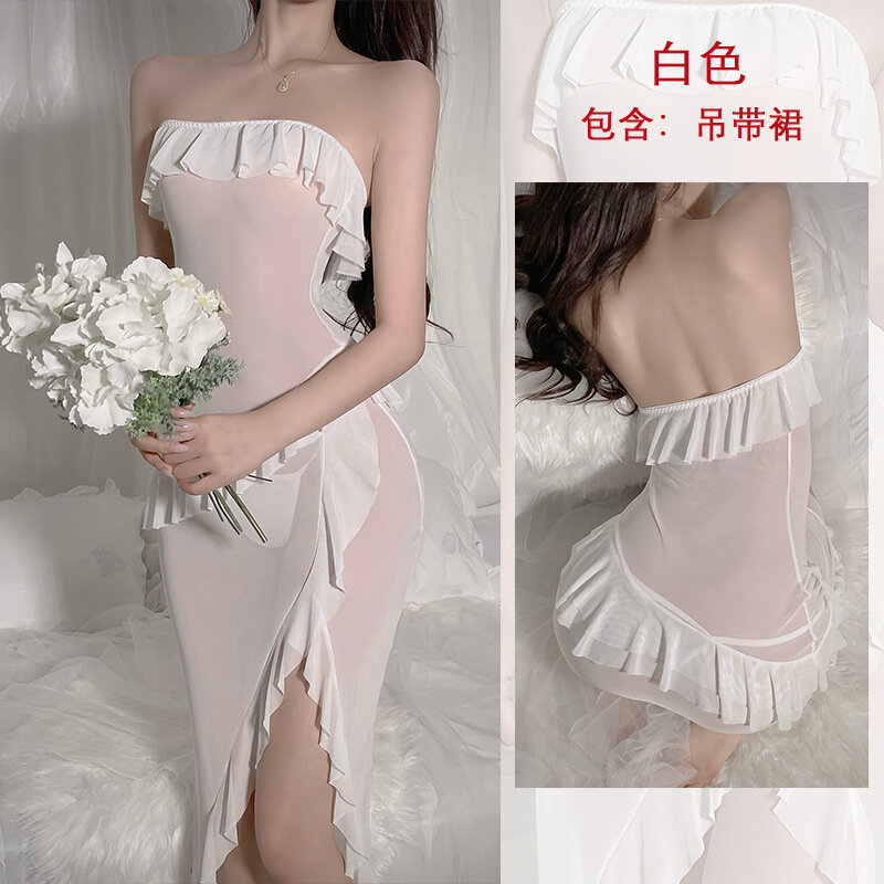 Новая сетчатая юбка на подтяжках, однотонная, на одно плечо, с закругленными краями, прозрачная очаровательная сексуальная ночная рубашка с диагональным разрезом 692