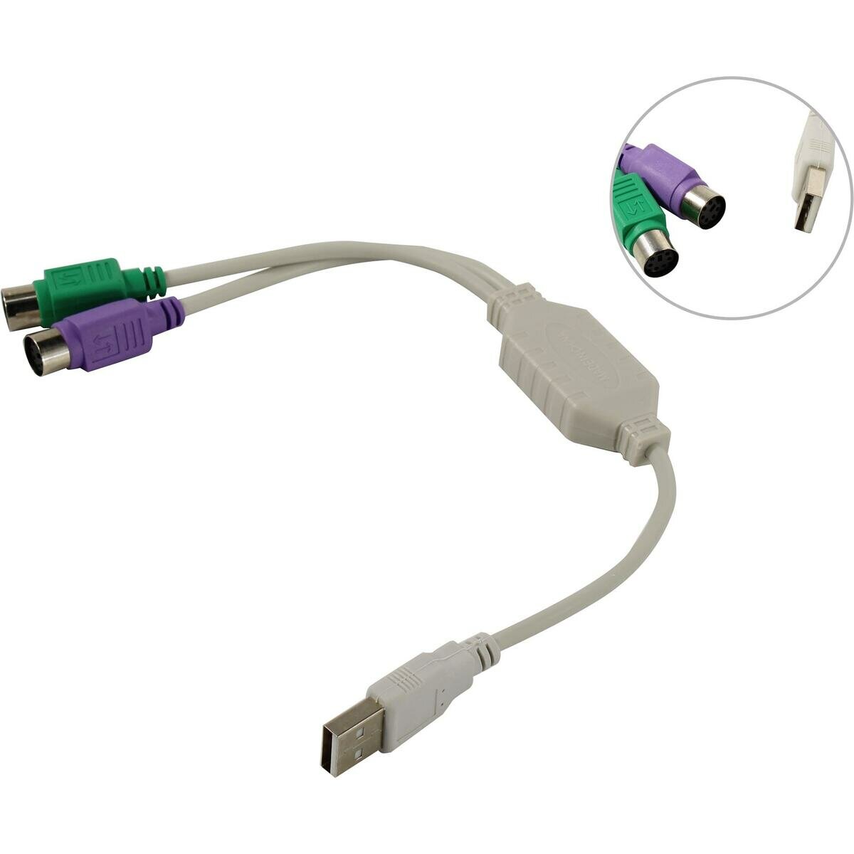 Cablexpert Кабель-адаптер USB A->2xPS/2 (для подключения PS/2 клавиатуры и мыши к USB порту)
