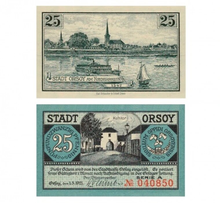 Нотгельд 25 пфеннигов 1921 Германия, Орсой, сувенирная копия, банкноты и купюры редкие коллекционные