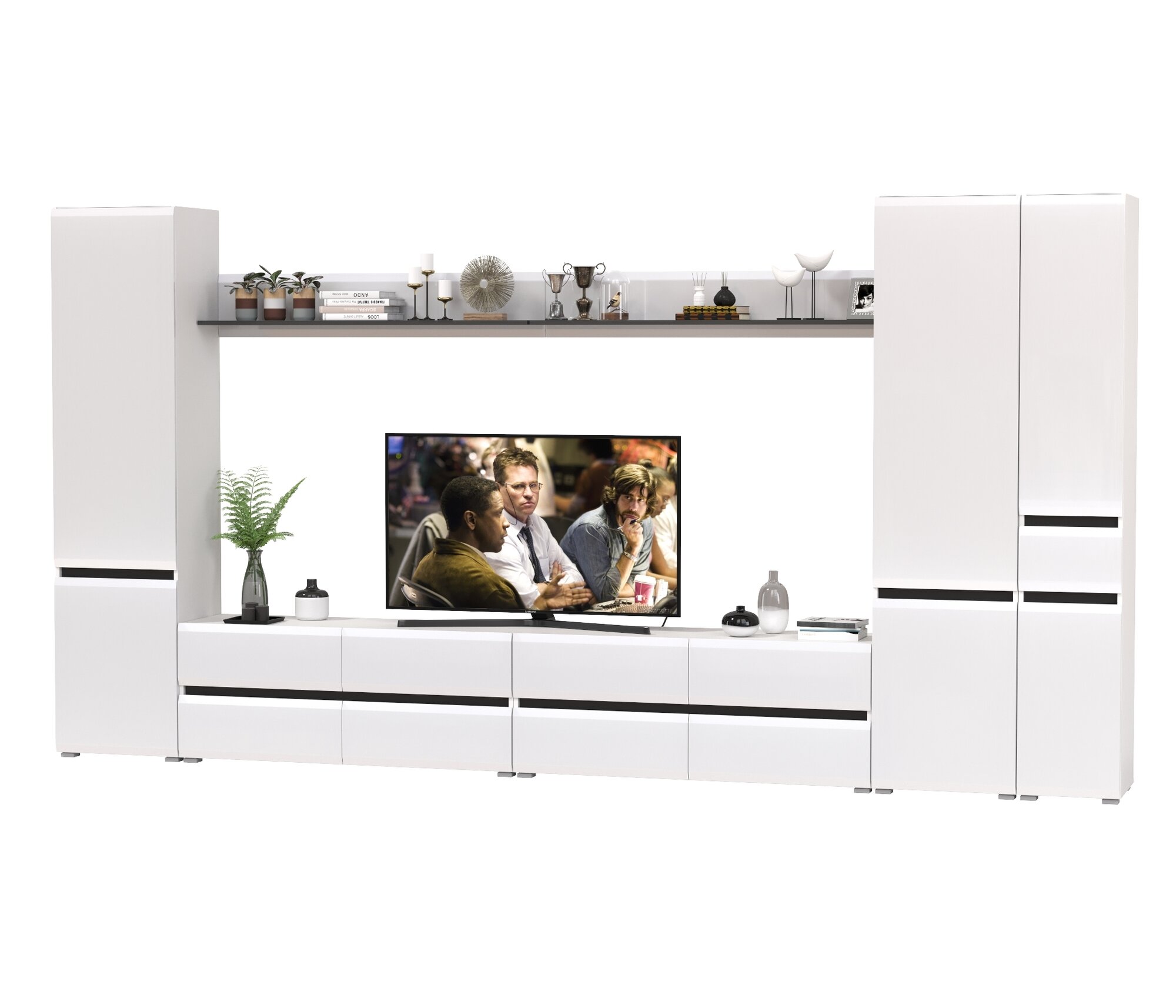 Мебельная стенка комплектация № 111, цвет белый/чёрный/МДФ белый глянец, 394,8х41,3х205,2 см.