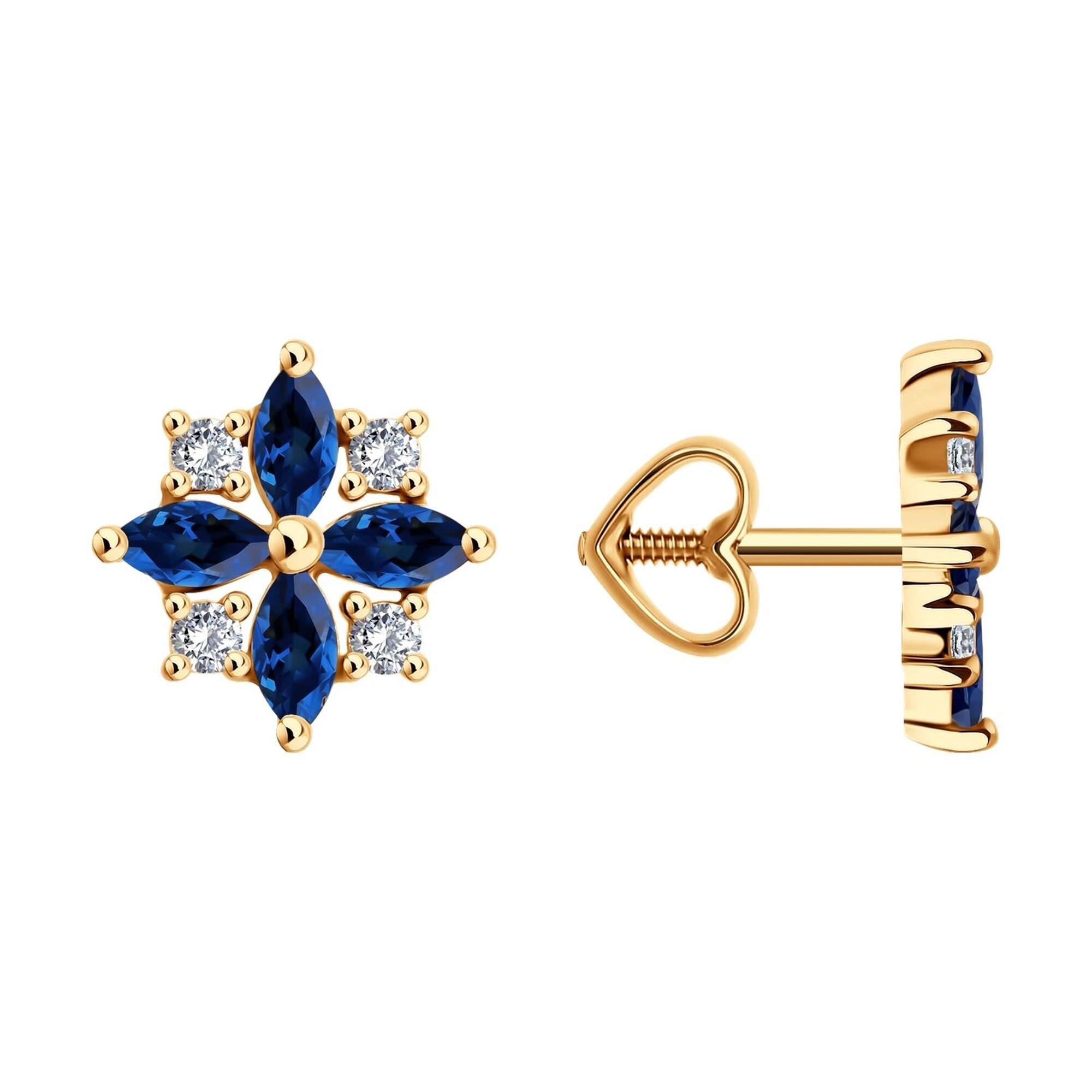 Серьги пусеты, красное золото, 585 проба, фианит, сапфир синтетический