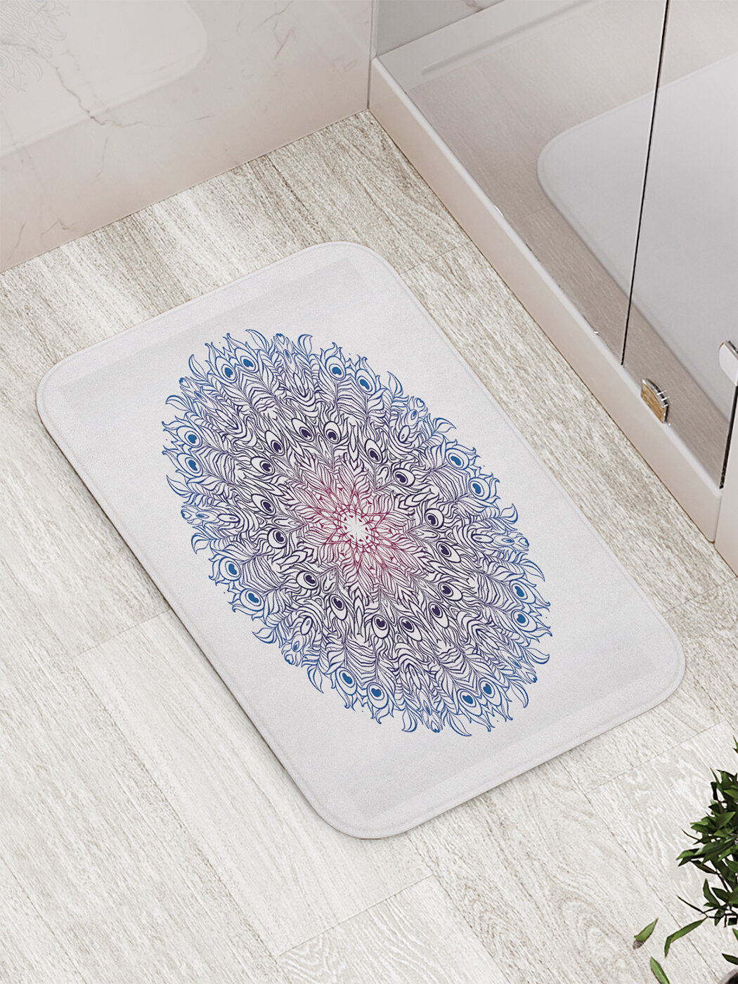 Коврик для ванной комнаты, туалета "Мандала с перьями павлина" противоскользящий, 52х77 см, JoyArty