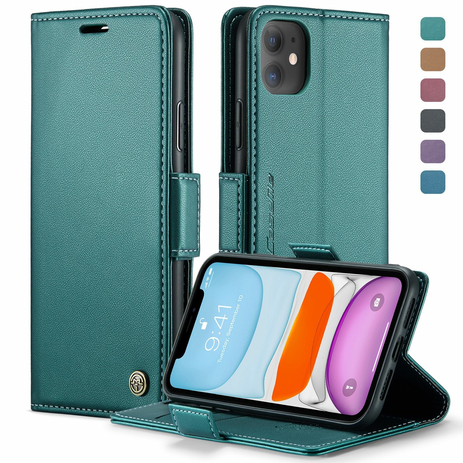 CaseMe Кожаный чехол для Apple iPhone 11 / Aйфон 11 RFID-блокировка, магнитная застежка, держатель для карт, подставка, противоударная, новинка