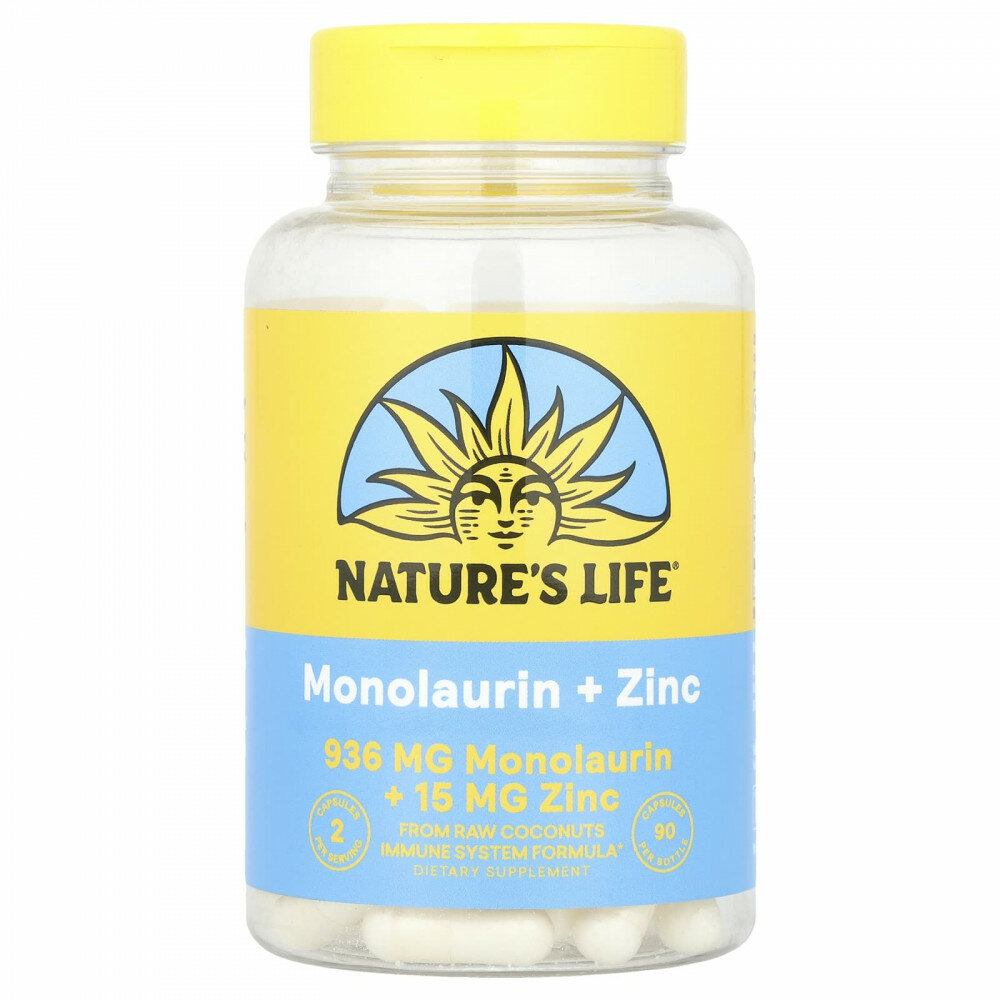 100% iHerb-Монолаурин и цинк, Nature's Life, Monolaurin + Zinc 90 капсул
