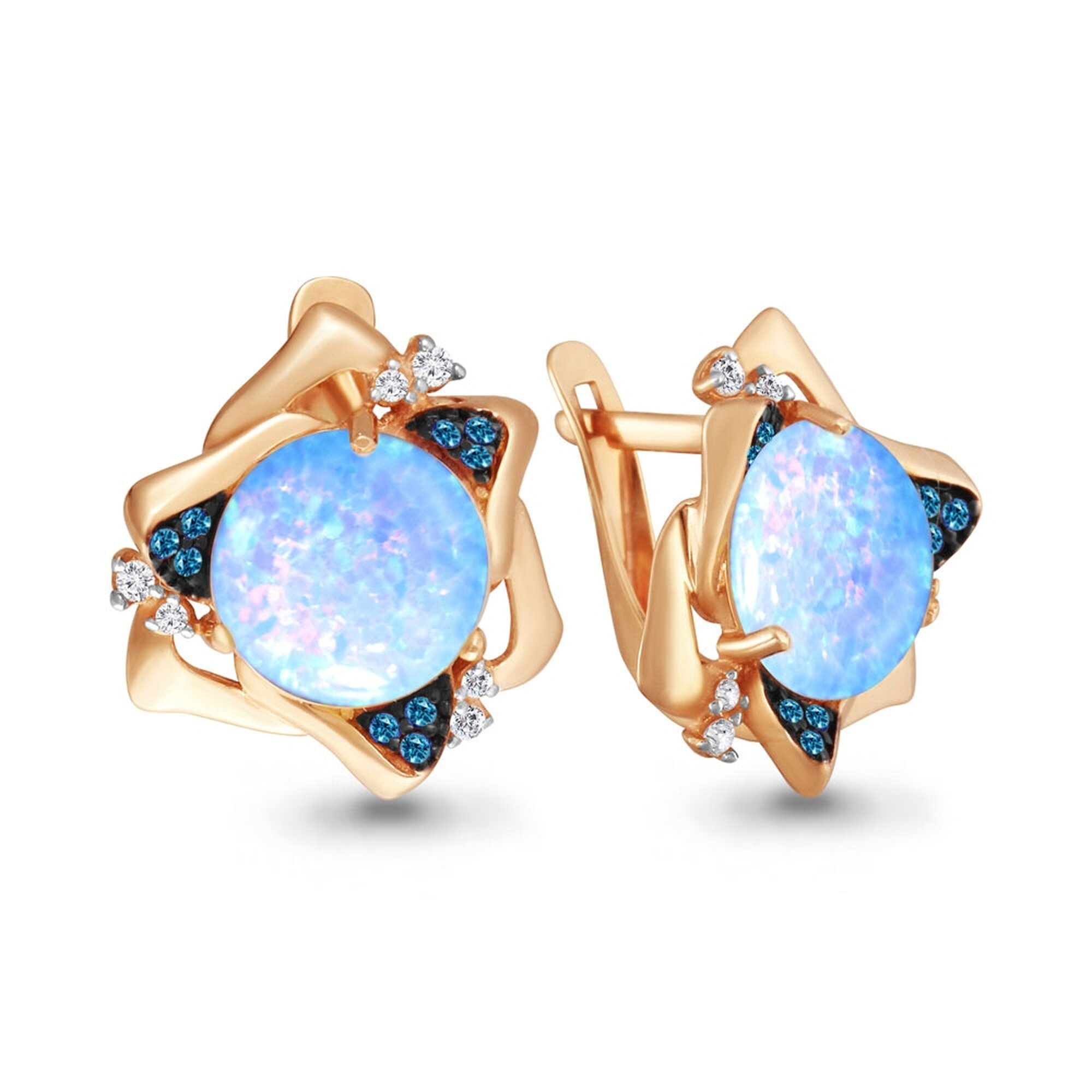Серьги, серебро, 925 проба, золочение, сапфир синтетический, фианит, опал