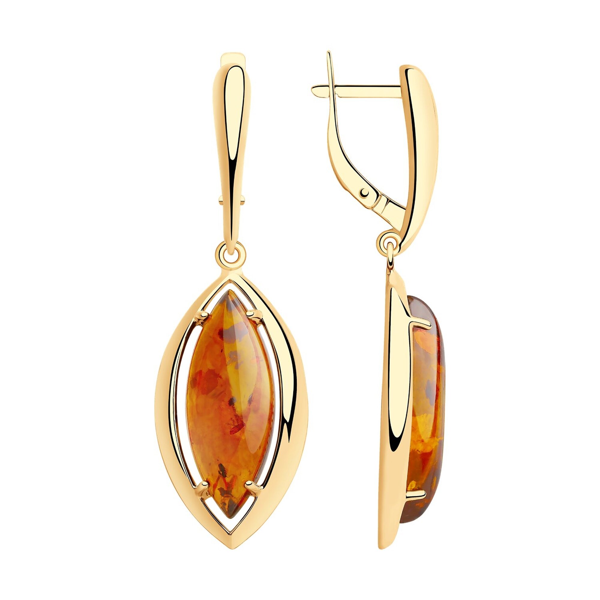 Серьги, серебро, 925 проба, золочение, янтарь