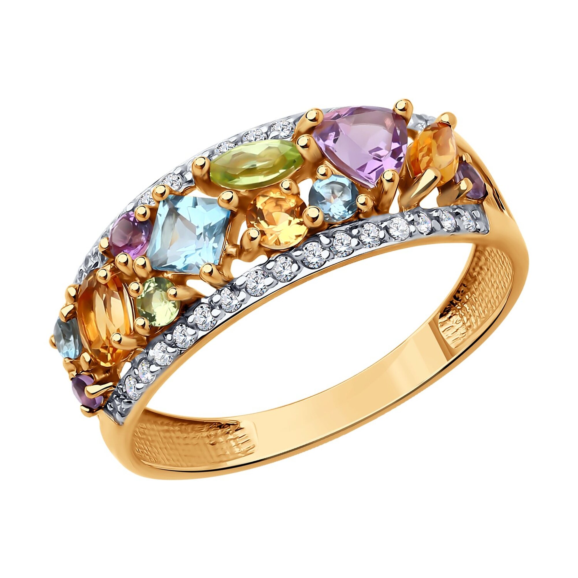 Кольцо дорожка, красное золото, 585 проба, хризолит, фианит, топаз, цитрин, аметист