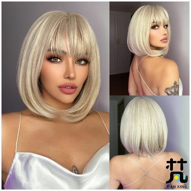 Парик для женщин: короткие волосы с челкой, градиентный розовый цвет, стильный боб.