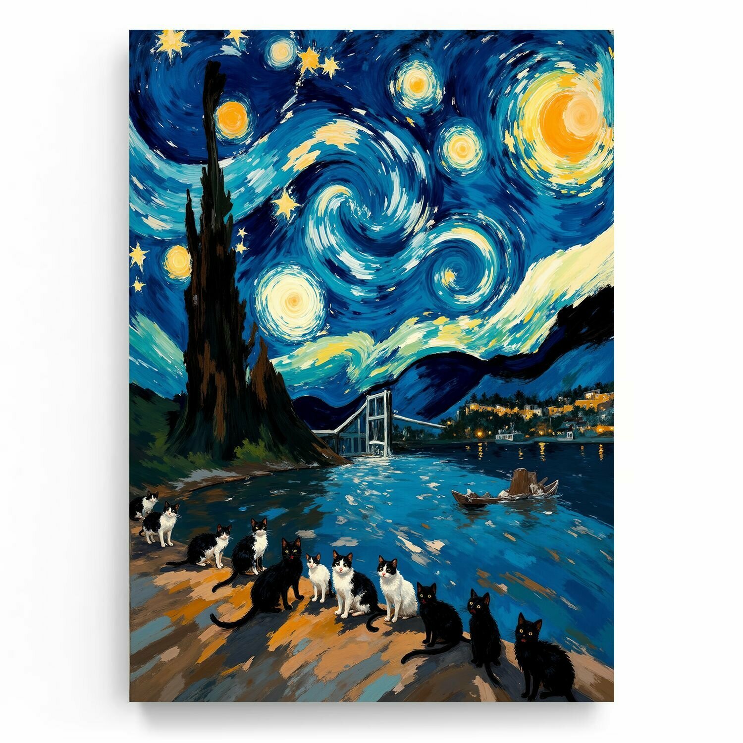 Картина Кот / Ремейк картины "Звездная ночь", Ван Гог, 30х40 см.