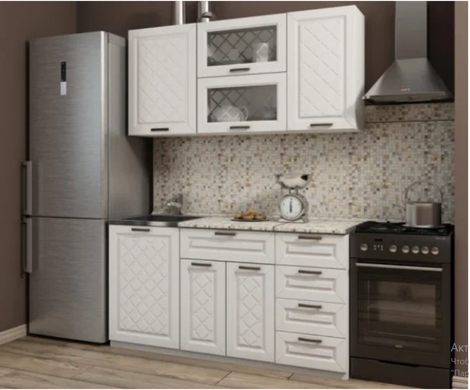 Кухонный гарнитур, кухня, готовый комплект Агава 1,5 м Акация белая с горизонтальными дверцами