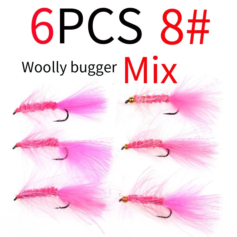 Мушки для нахлыста Woolly Bugger, 6шт, розовый, Size 8
