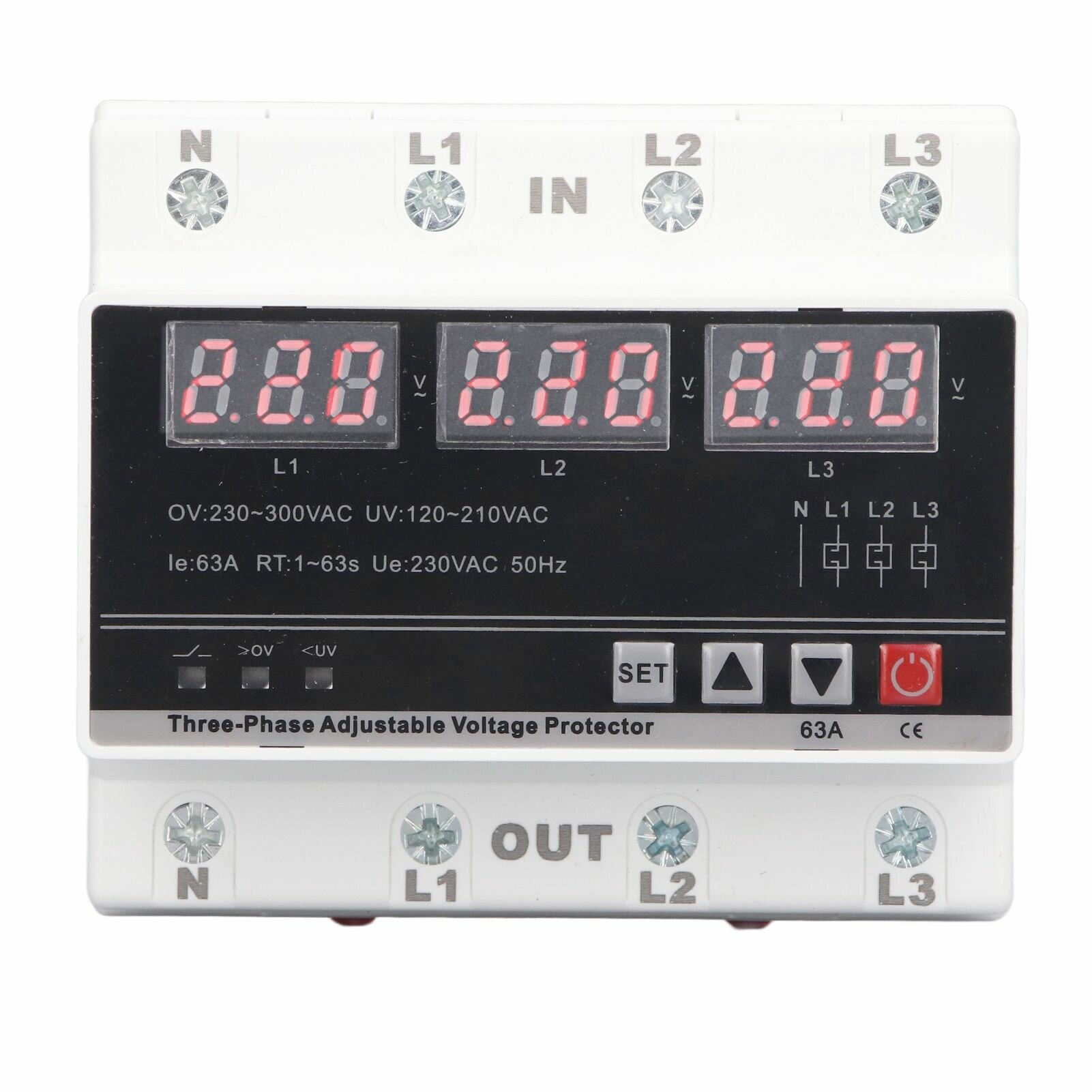 3-фазный защитный модуль от перенапряжения, 63A, DIN-рейка, AC120V-300V