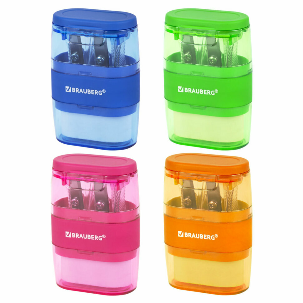 Точилка с ластиком 2 в 1 BRAUBERG "Double", 2 отверстия, яркие цвета корпуса ассорти, 271987, 12 штук, 271987