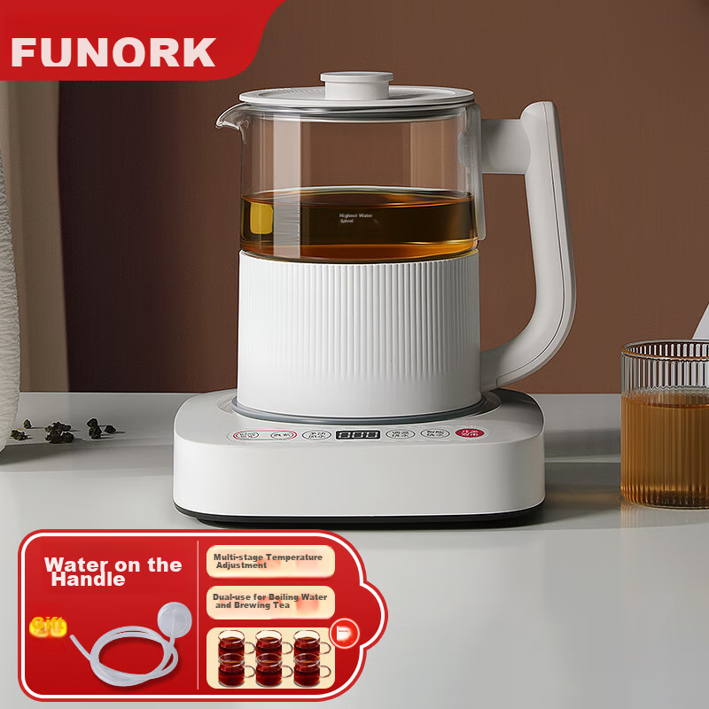 FUNORK Fully Automatic Electric Kettle with Tea Tray, Glass Water Boiler, Integrated Heat Preservation Tea Set, Electric Tea Stove, Tea Maker D25 White