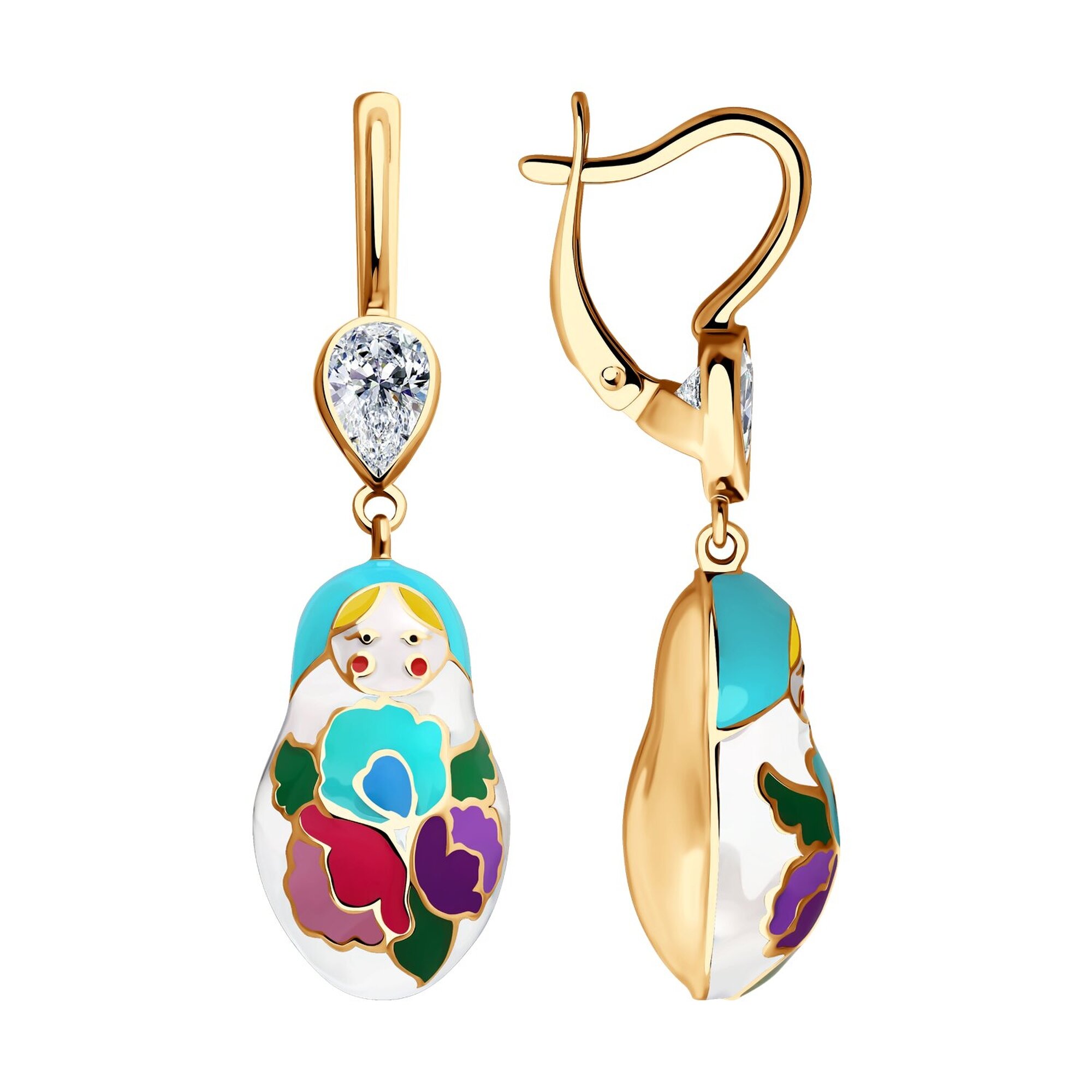 Серьги, серебро, 925 проба, золочение, эмаль, фианит