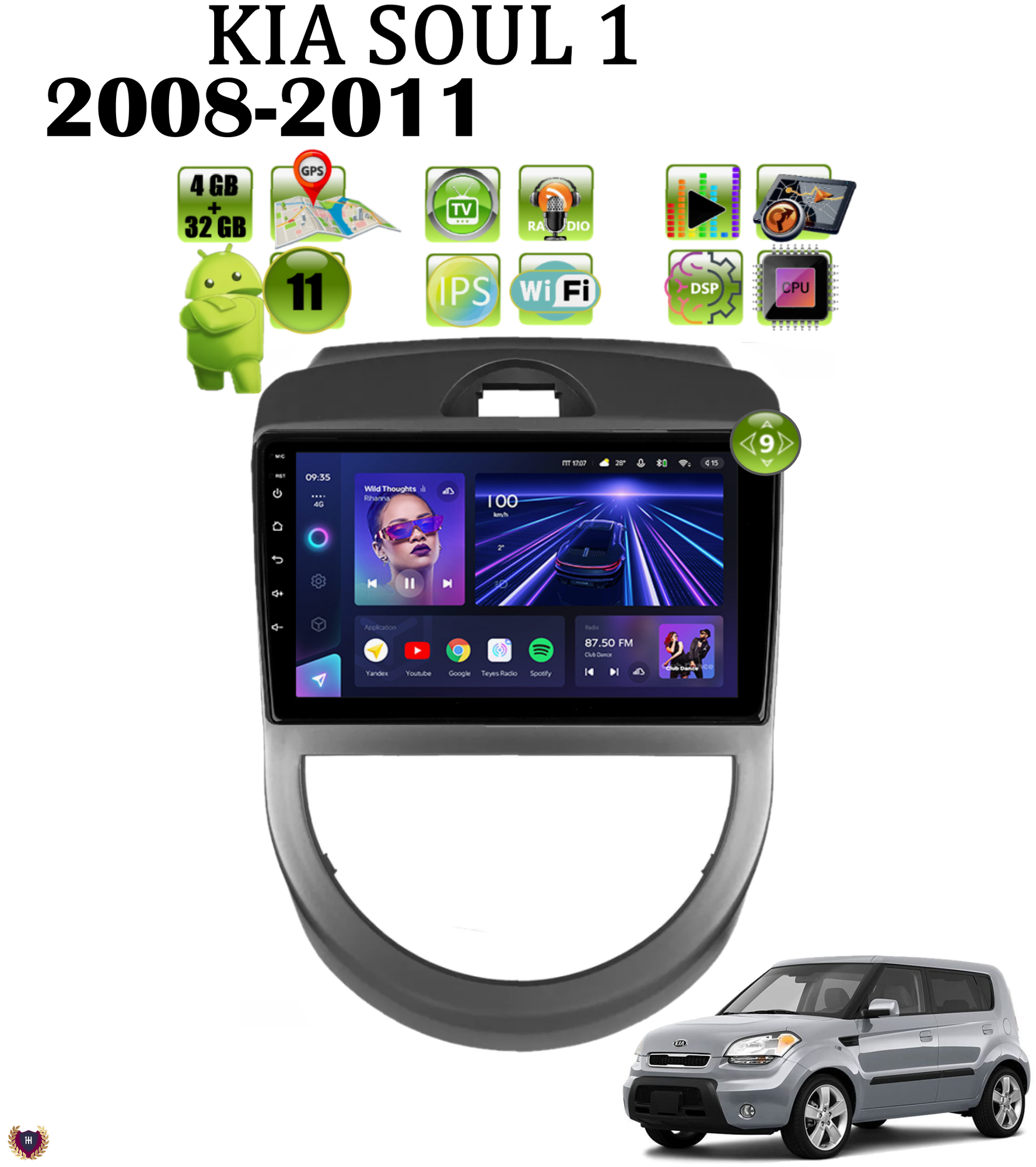 Автомагнитола для Kia Soul 1 (2008-2011) Киа Соул 1, Android 11, 4/32 GB, Bluetooth, WiFi, CarPlay, FM, IPS, TV, сенсорные кнопки, разделение экрана, поддержка кнопок на руле