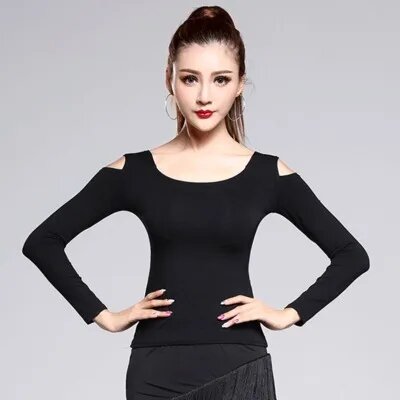 Черный латинский топ с открытыми плечами, XXL, Black long sleeve 2