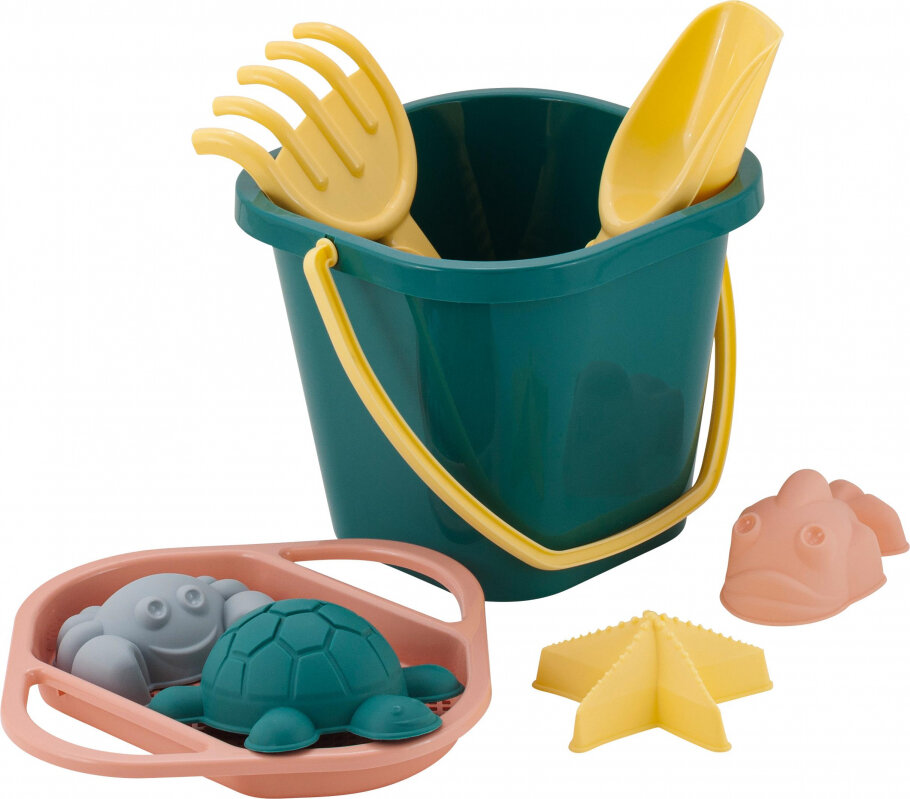 Песочный набор (ведерко, сито, совочек, грабельки, 4 формочки)