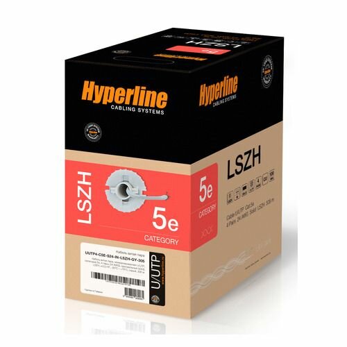 Кабель информационный Hyperline кат.5E, 305м, серый [uutp4-c5e-s24-in-lszh-gy-305]