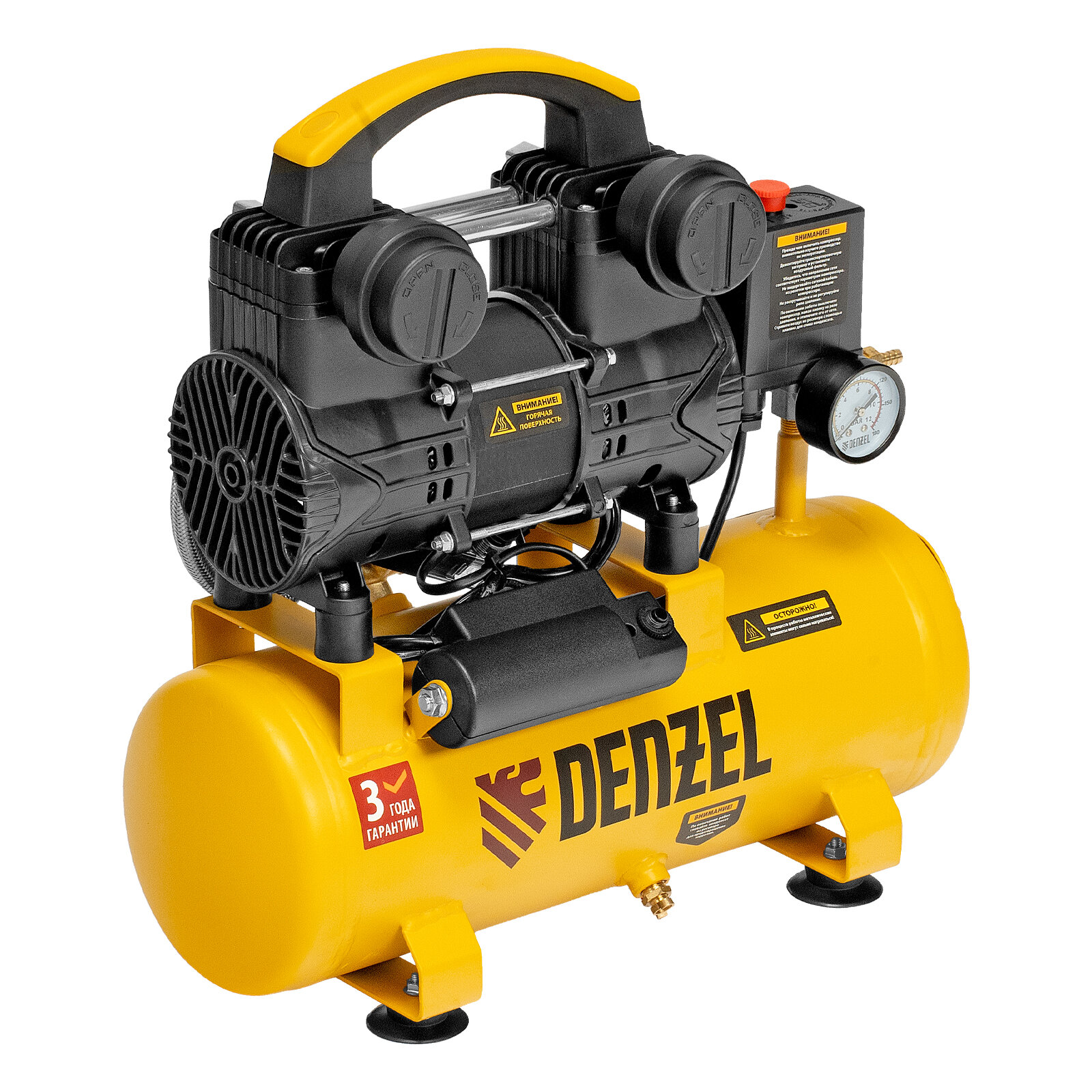 Компрессор DENZEL безмасляный малошумный DLP-950/10, 950Вт, 10 л, 2850 об/мин, 170 л/мин (58141)