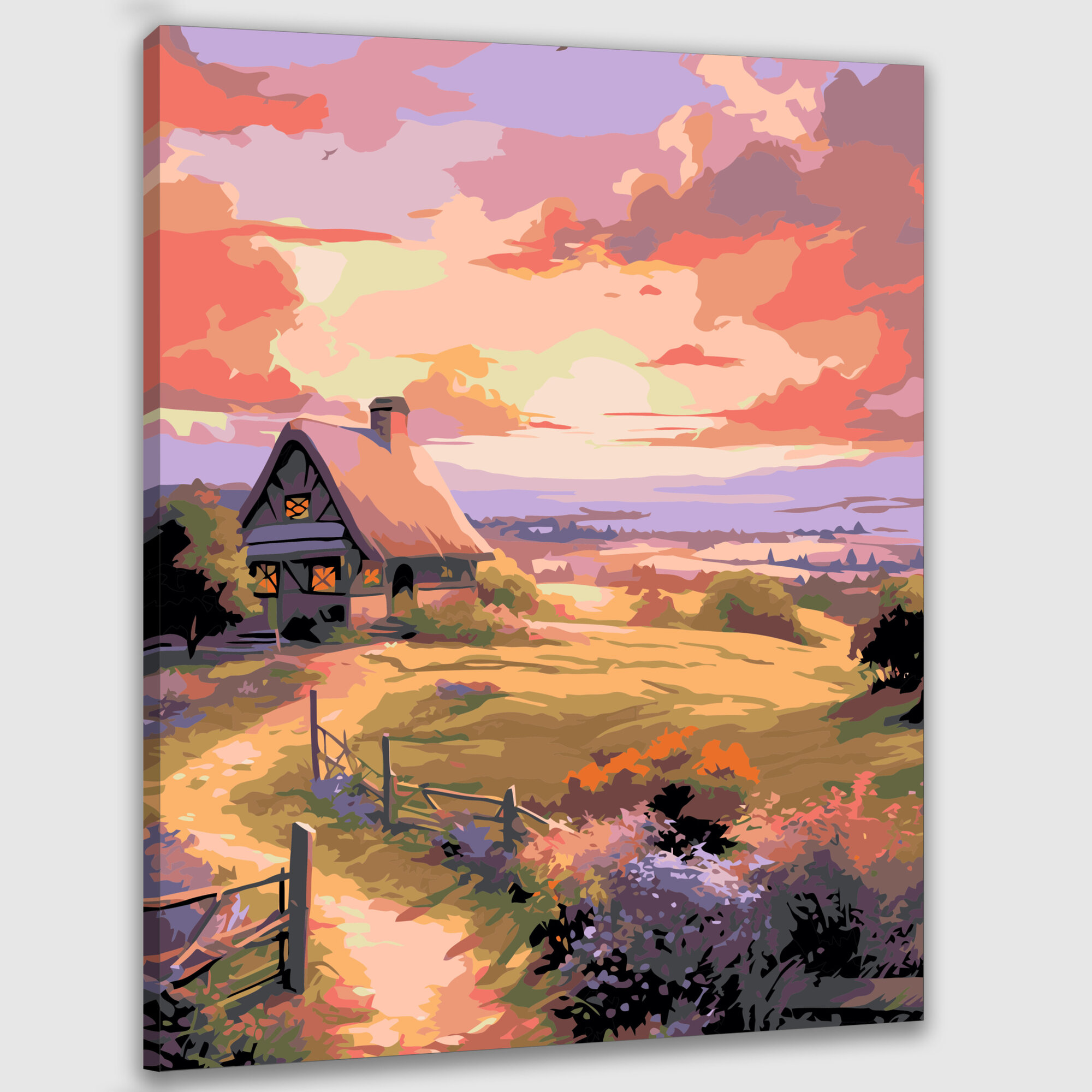 Картина по номерам 40x50 см, акварельная иллюстрация, сельская местность, закат, холмы, свет, небо, облака, лаванда