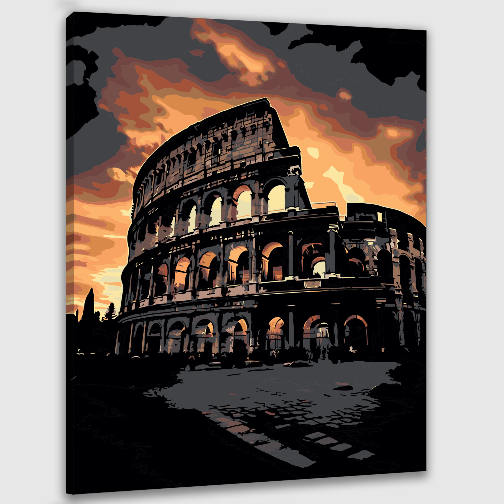 Картина по номерам 40x50 см, Колизей, фотография, черно-белая, силуэт, огненное небо, закат, драматичный, величие