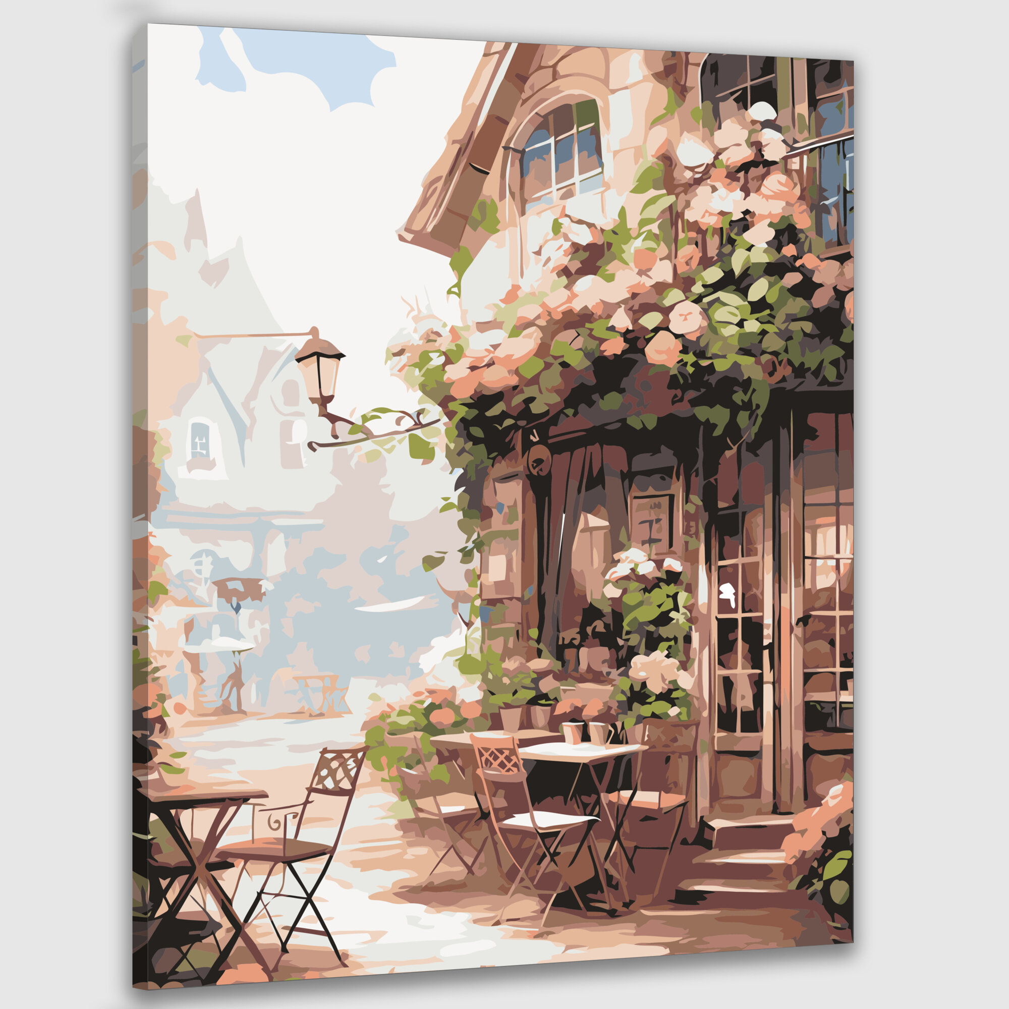 Картина по номерам 40x50 см, акварельная иллюстрация, уютное кафе, европейская деревня, пастельные тони, цветущие розы