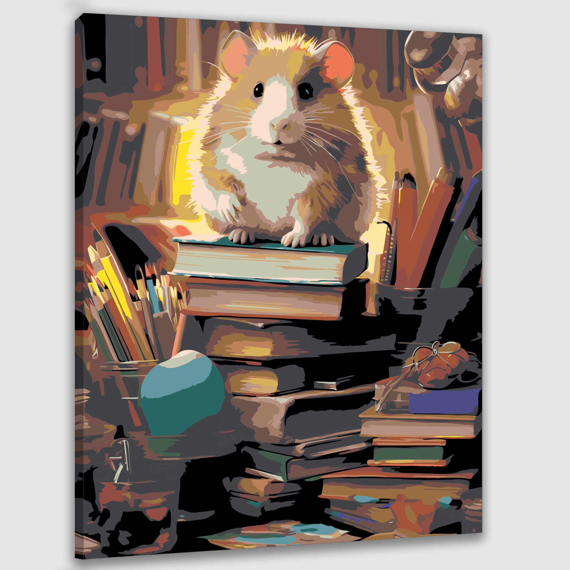 Картина по номерам 40x50 см, хомячок, книги, художественные принадлежн, кисти, цифровая картина, озорной, любопытство