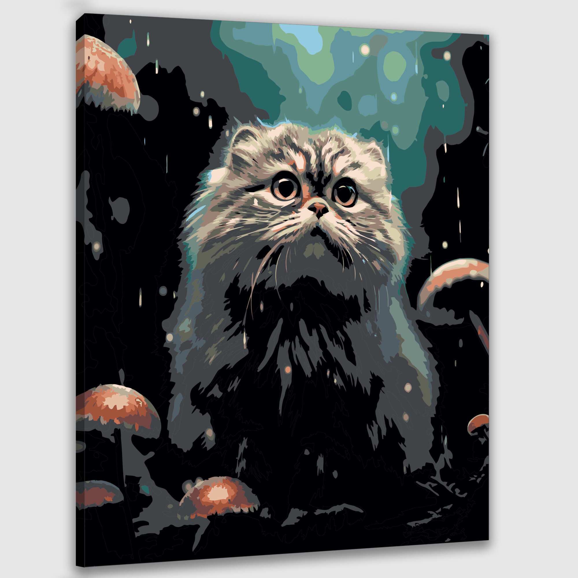 Картина по номерам 40x50 см, манул, волшебная обстановка, тайга, светящиеся грибы, отражение, мягкий свет, снежинки