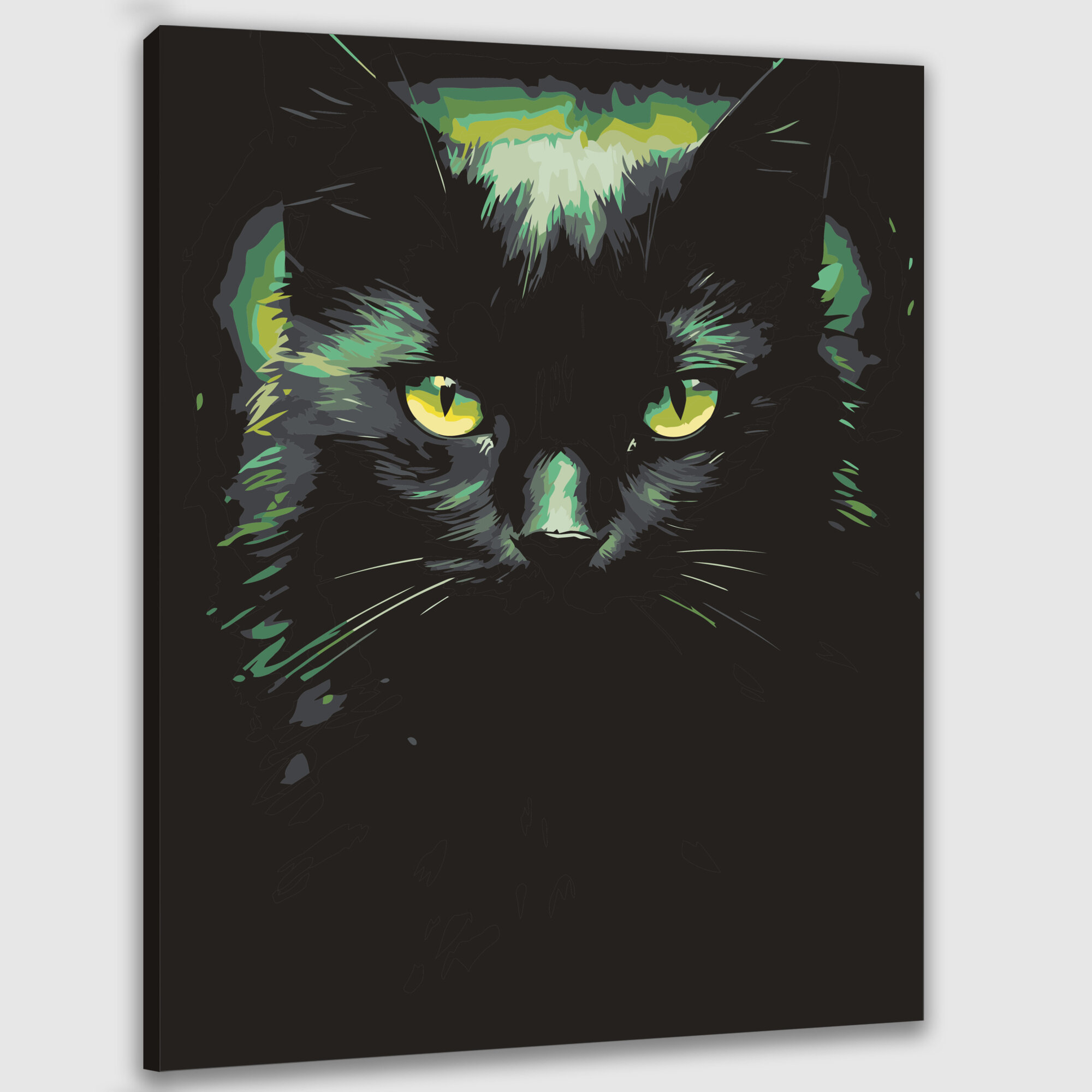 Картина по номерам 40x50 см, черный кот, зеленые глаза, мудрость, таинственность, блестящая шерсть, гладкая шерсть