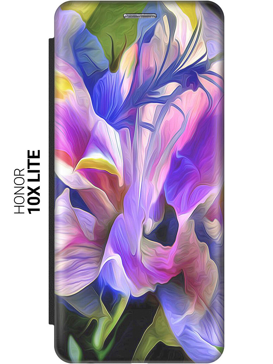 Чехол-книжка на Honor 10x Lite, Хонор 10Х Лайт с 3D принтом "Цветочная абстракция" черный