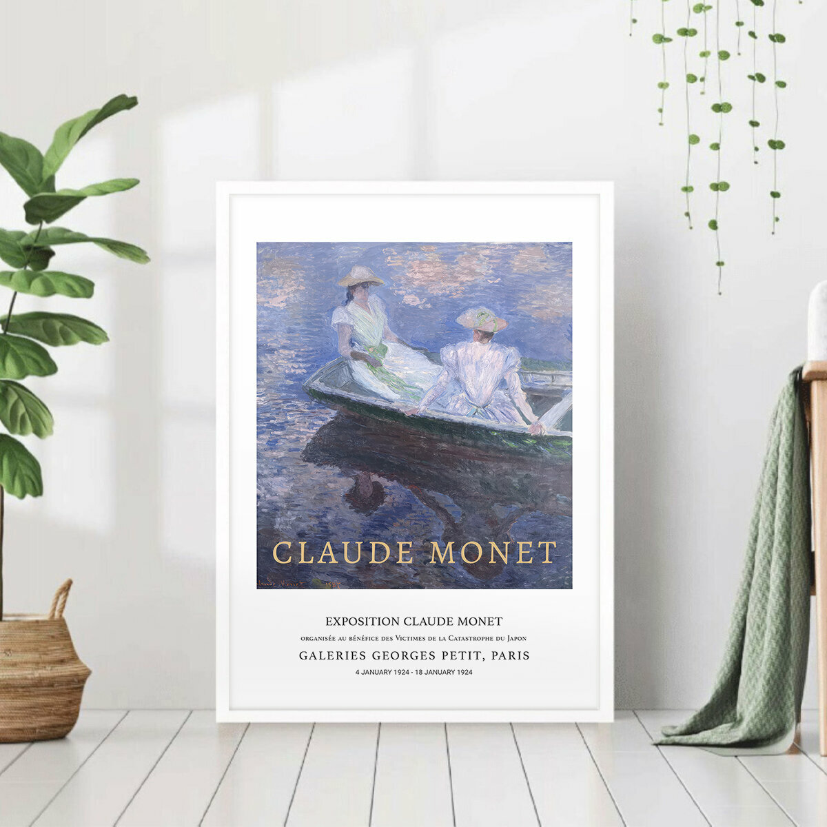 Постер "Клод Моне девушки в лодке" 50x70 в белой рамке на стену для интерьера