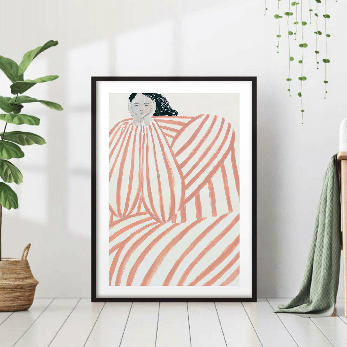 Постер "Девушка в розовой пижаме художница София Линд" 40x50 в черной рамке на стену для интерьера