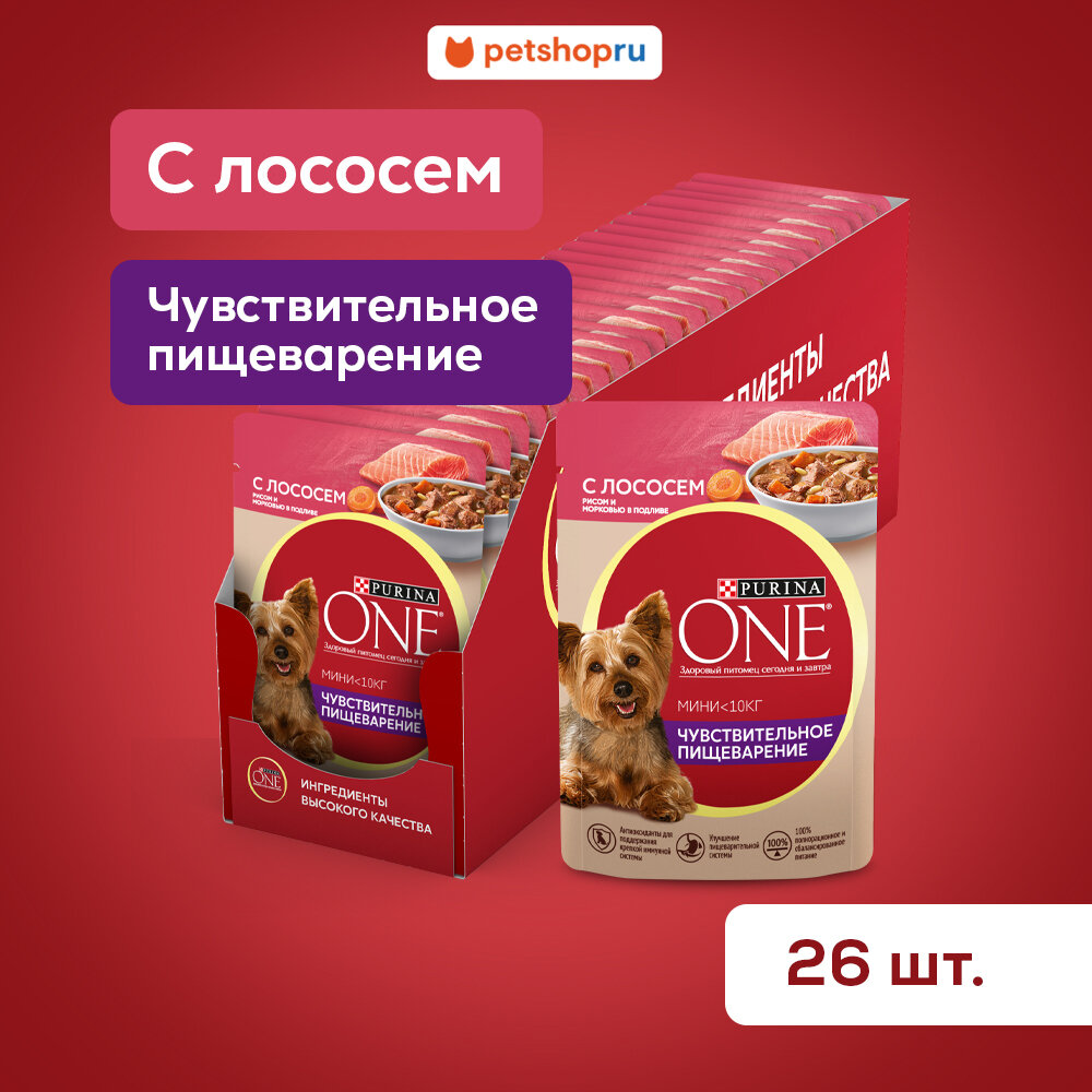 Purina ONE Паучи для взрослых собак малых пород с чувствительным пищеварением с лососем, рисом и морковью, 26 шт х 85 г