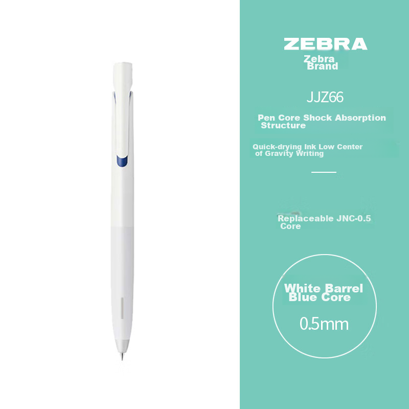 ZEBRA Brand Stationery Award-Winning Gel Pen, 0.5mm Bullet Tip, Retractable Signing Pen, BLen Quick-Drying Shock-Absorbing Exam Pen, JJZ66, White Barrel Blue Ink, Single Pen