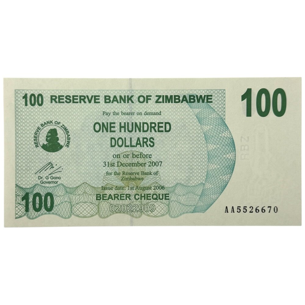 Зимбабве, чек на 100 долларов 2006 г. (Серия AA)