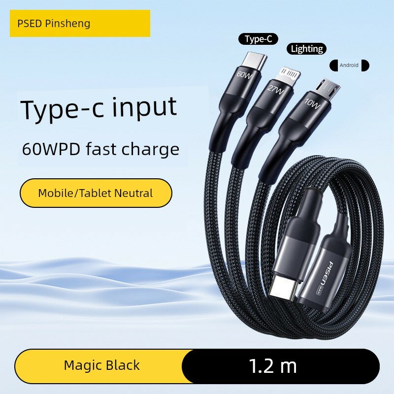 1.2 м Type-C вход Тройной порт кабель: Lightning, Micro-USB, Type-C для iPhone, Samsung, Xiaomi — 100 Вт быстрая зарядка