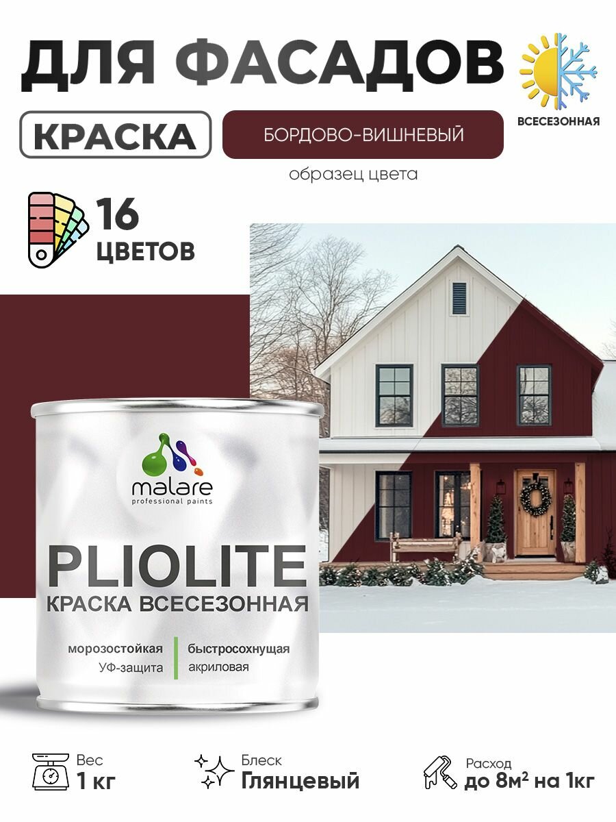 Краска-эмаль Pliolite всесезонная, зимняя, для всех типов поверхностей, антикоррозионная, RAL 3005, вишнево-бордовый, глянцевая, 1 кг.