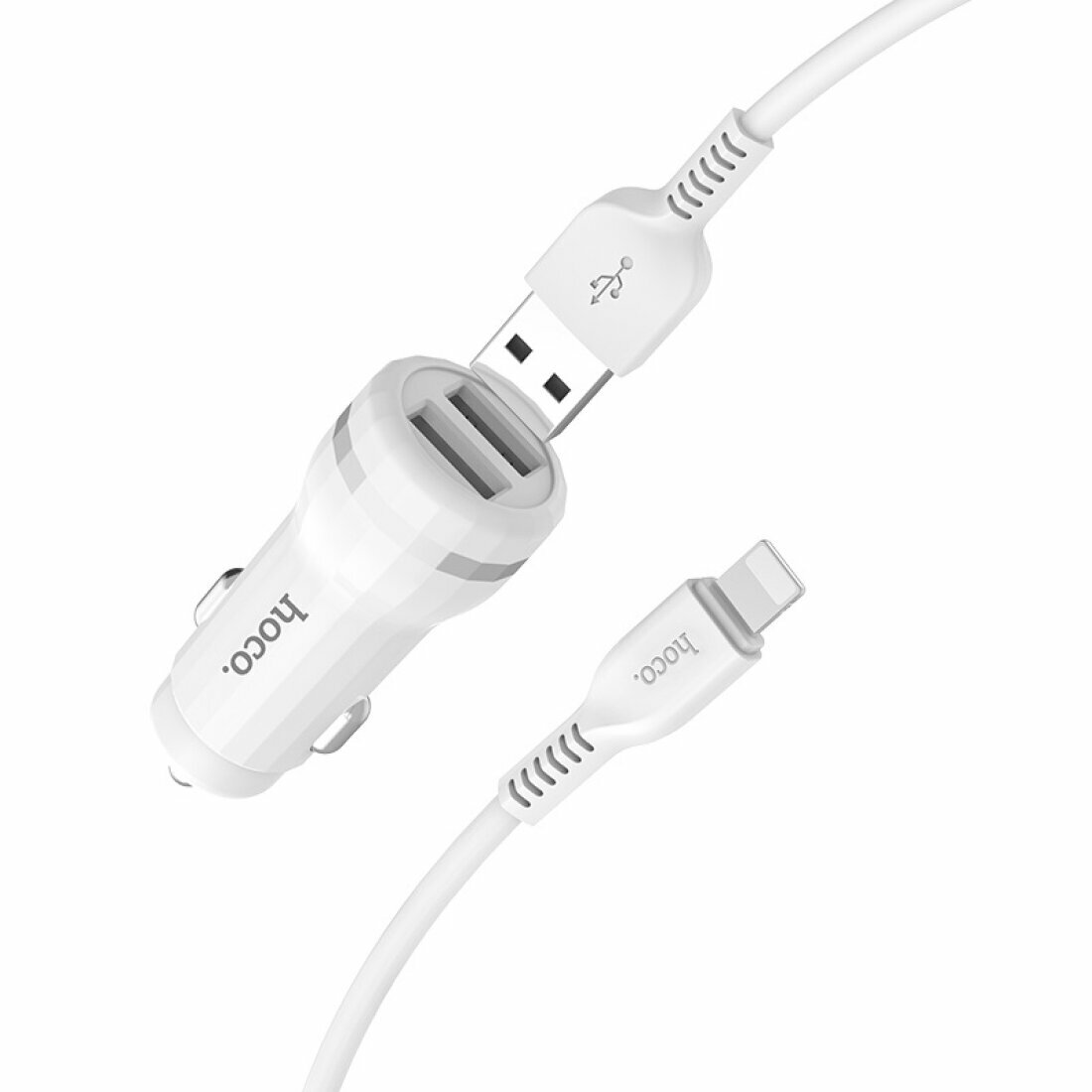 Автомобильное зарядное устройство, 2 USB 2.4A (Z27), usb cable lightning, HOCO, белый