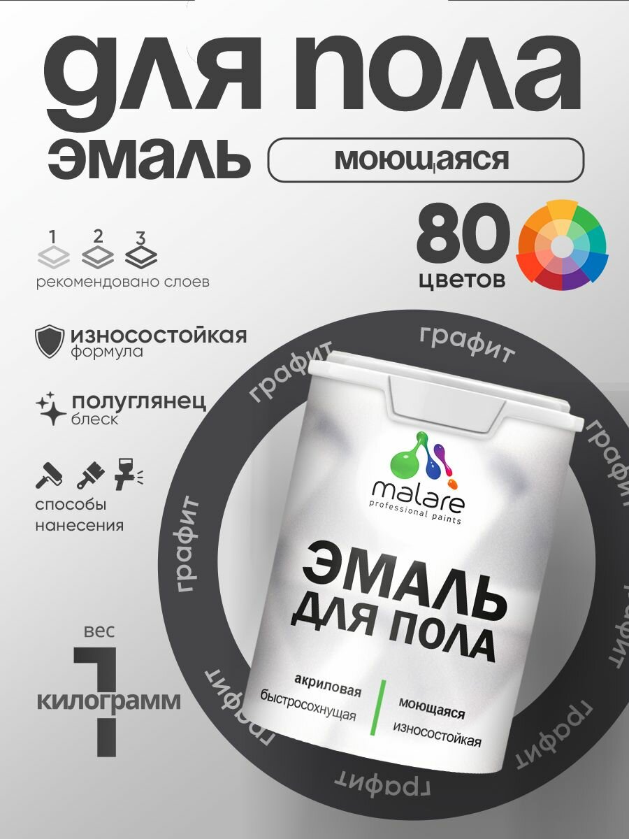 Эмаль Malare для пола акриловая, экологичная без запаха, износостойкая, быстросохнущая, моющаяся, полуглянцевая, графитовый, 1 кг