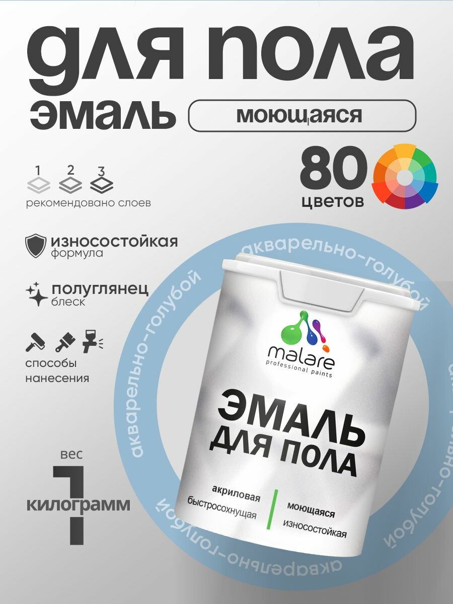 Эмаль Malare для пола акриловая, экологичная без запаха, износостойкая, быстросохнущая, моющаяся, полуглянцевая, акварельно-голубой, 1 кг