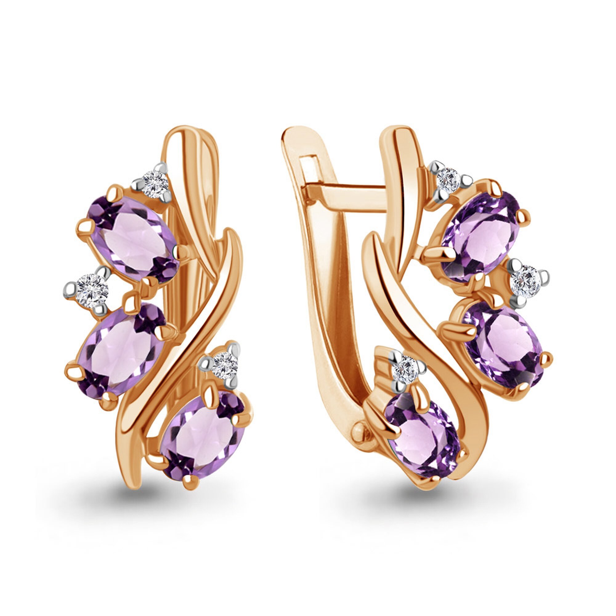 Серьги, серебро, 925 проба, золочение, аметист, фианит
